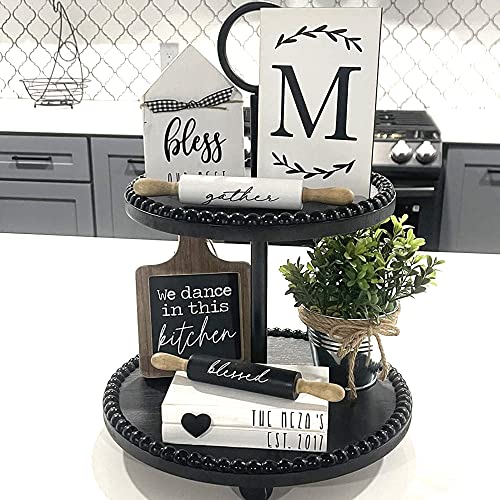 Defined Deco Beaded Black Tiered Tray with 3pcs Tiered Tray Decor for Farmhouse Home Decor, Two Tiered Serving Tray Stand with Decorative Signs and Wooden Plaques for Farmhouse Kitchen Decor