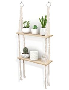 sonefreiy macrame hanging shelves 2 tier, natural wood farmhouse window plant shelves boho wall shelf with hooks & hardwares,for bedroom bathroom kitchen living room