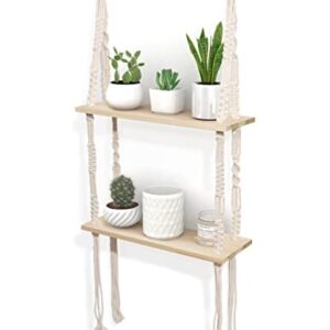 Sonefreiy Macrame Hanging Shelves 2 Tier, Natural Wood Farmhouse Window Plant Shelves Boho Wall Shelf with Hooks & Hardwares,for Bedroom Bathroom Kitchen Living Room