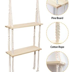 Sonefreiy Macrame Hanging Shelves 2 Tier, Natural Wood Farmhouse Window Plant Shelves Boho Wall Shelf with Hooks & Hardwares,for Bedroom Bathroom Kitchen Living Room