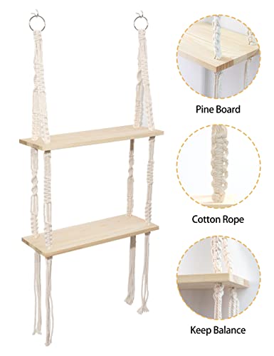 Sonefreiy Macrame Hanging Shelves 2 Tier, Natural Wood Farmhouse Window Plant Shelves Boho Wall Shelf with Hooks & Hardwares,for Bedroom Bathroom Kitchen Living Room