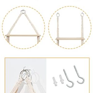 Sonefreiy Macrame Hanging Shelves 2 Tier, Natural Wood Farmhouse Window Plant Shelves Boho Wall Shelf with Hooks & Hardwares,for Bedroom Bathroom Kitchen Living Room