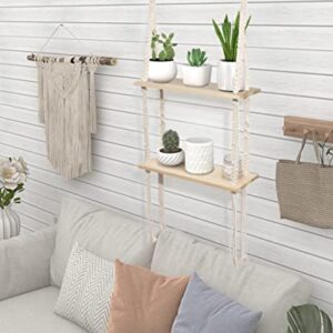 Sonefreiy Macrame Hanging Shelves 2 Tier, Natural Wood Farmhouse Window Plant Shelves Boho Wall Shelf with Hooks & Hardwares,for Bedroom Bathroom Kitchen Living Room