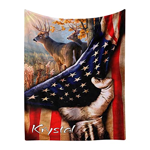 Personalized American Flag Deer Hunter Maple Leaf Blanket with Name Text Custom Super Soft Fleece Throw Blankets for Couch Sofa Bed 50 X 60 inches