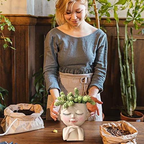 ZJ Whoest Cute Succulent Planter - Face Planter Flower Pot - Kawaii Head Planters -Unique Outdoor Indoor Planter - with Drainage Hole - (Doll Meditation)