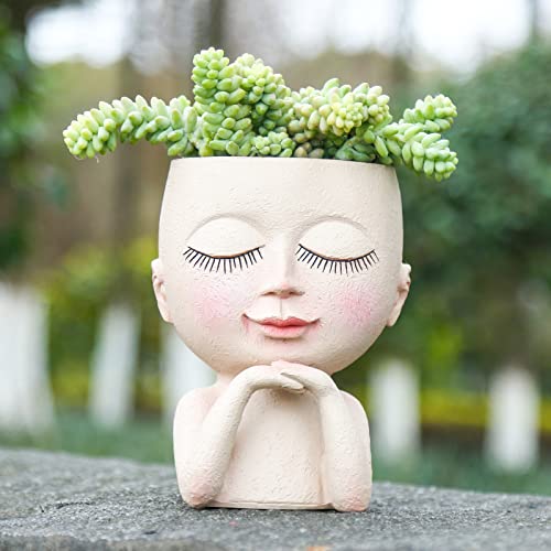 ZJ Whoest Cute Succulent Planter - Face Planter Flower Pot - Kawaii Head Planters -Unique Outdoor Indoor Planter - with Drainage Hole - (Doll Meditation)