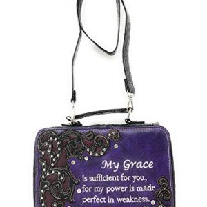 Texas West Western Style Embroidery Scripture Women Rhinestone Bible Cover Book Case Crossbody Handbag (Purple)