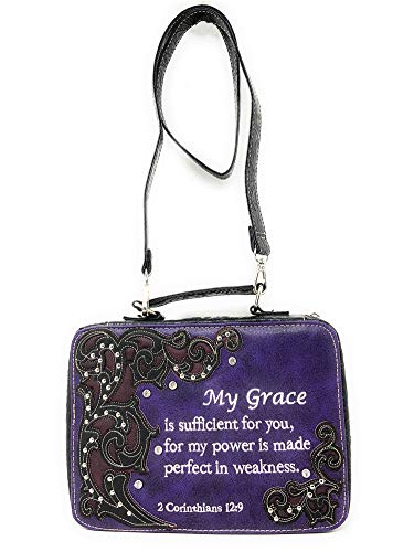 Texas West Western Style Embroidery Scripture Women Rhinestone Bible Cover Book Case Crossbody Handbag (Purple)