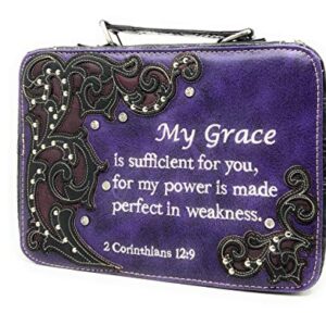 Texas West Western Style Embroidery Scripture Women Rhinestone Bible Cover Book Case Crossbody Handbag (Purple)