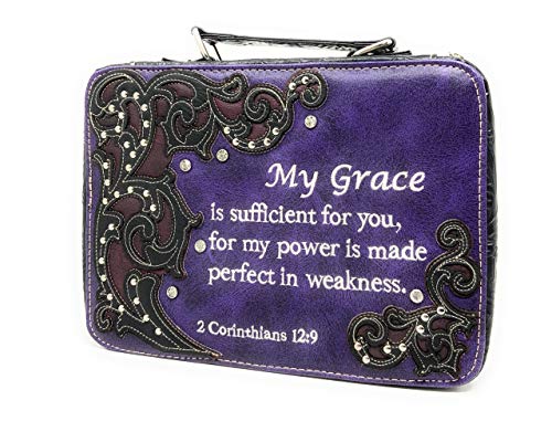 Texas West Western Style Embroidery Scripture Women Rhinestone Bible Cover Book Case Crossbody Handbag (Purple)