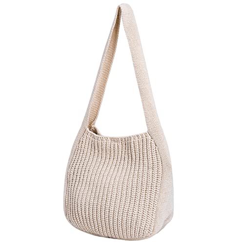 Women's Shoulder Handbags aesthetic Hand-Crochet Crossbody,Hand crocheted Bags, Knitted Textured Bag tote bag,Handmade Knit cute tote bags, For Shopping Beach Travel (White)