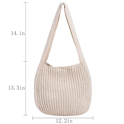 Women's Shoulder Handbags aesthetic Hand-Crochet Crossbody,Hand crocheted Bags, Knitted Textured Bag tote bag,Handmade Knit cute tote bags, For Shopping Beach Travel (White)