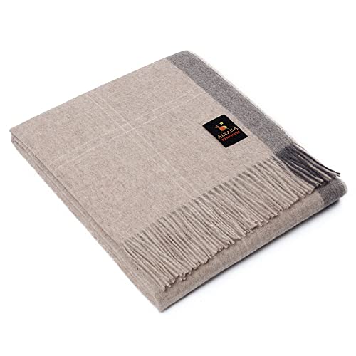 Inca Squares - Alpaca Throw Blanket Handwoven Soft Warm Plaid Design 74" x 54" (Soft Camel)