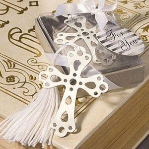 akanbou(tm) silver cross bookmarks with white tassel: metal cross bookmark favors (pack of 8)