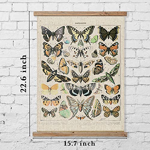 Vintage Butterflies Hanging Poster, Retro Style of Wall Art Prints, Printed on Linen with Wood Frames, Ready to Hang