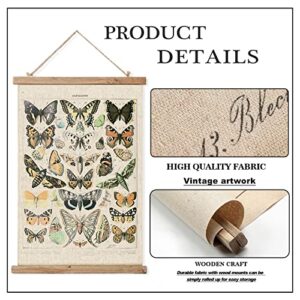 Vintage Butterflies Hanging Poster, Retro Style of Wall Art Prints, Printed on Linen with Wood Frames, Ready to Hang