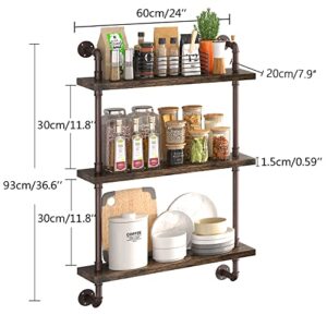 PUSDON Industrial Pipe Shelving Wall Mounted 24 Inch 3 Tier,Bathroom Bronze Metal Floating Shelves, Wood Hanging Storage Bookshelf (W24inch - 2 Sets) - Drak Coffee