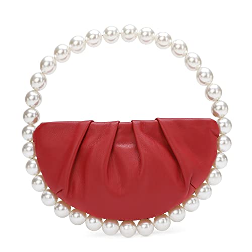 Pearl Soft Face Pleated Handbag Advanced Evening Bag Party Prom Bride Purse Phone Clutch Purse (Red)