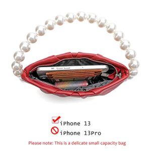 Pearl Soft Face Pleated Handbag Advanced Evening Bag Party Prom Bride Purse Phone Clutch Purse (Red)