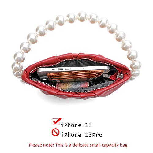 Pearl Soft Face Pleated Handbag Advanced Evening Bag Party Prom Bride Purse Phone Clutch Purse (Red)