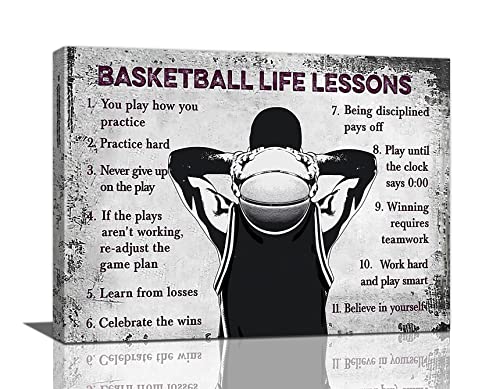 Basketball Canvas Wall Art Basketball Life Lessons Quotes Wall Decor Basketball Sports Poster Black and White Pictures Prints Motivational Framed Modern Artwork For Basketball Fan Home Bedroom Office 16"x12"