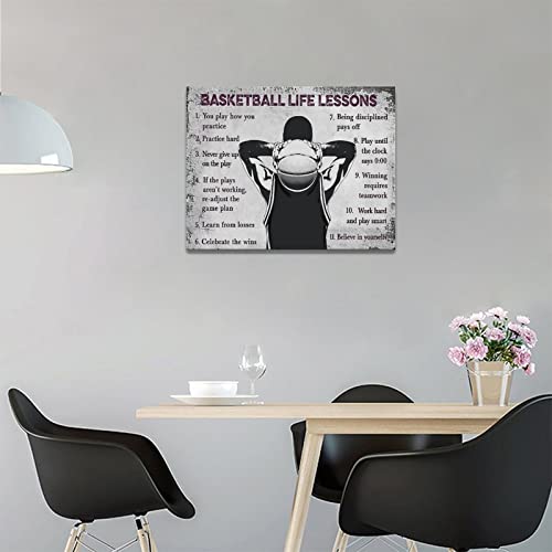 Basketball Canvas Wall Art Basketball Life Lessons Quotes Wall Decor Basketball Sports Poster Black and White Pictures Prints Motivational Framed Modern Artwork For Basketball Fan Home Bedroom Office 16"x12"