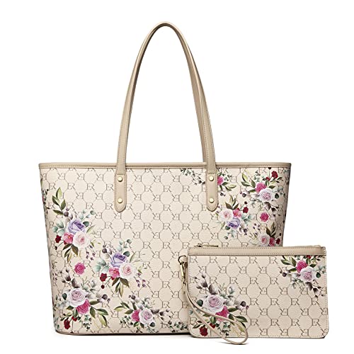 ER.Roulour Large Tote Bags Floral Flowery Tote Handbags Purse Set for Women, Top Handle Satchel Lightweight Ladies Shoulder Bag 2pcs