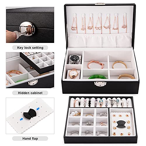 Mens Jewelry Box Watch Case Watch Holder Watch Organizer for Men 2 Layers Travel Jewelry Box Organizer with Lock Travel Jewelry Case PU Leather Jewelry Storage for Watch Necklace Ring Earring (Black)