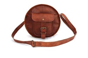 vintage leather crossbody bag women/teen girls satchel handbag round messenger sling bags, 10 inch small