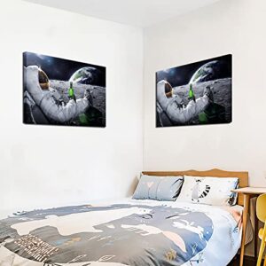 Huilida Spaceman Wall Art Decor Pictures - Astronaut Drinking Beer on Moon Framed Paintings for Teens Bedroom Real Outer Space Themed Posters Universe Planet Prints Nursery Living Room Decoration