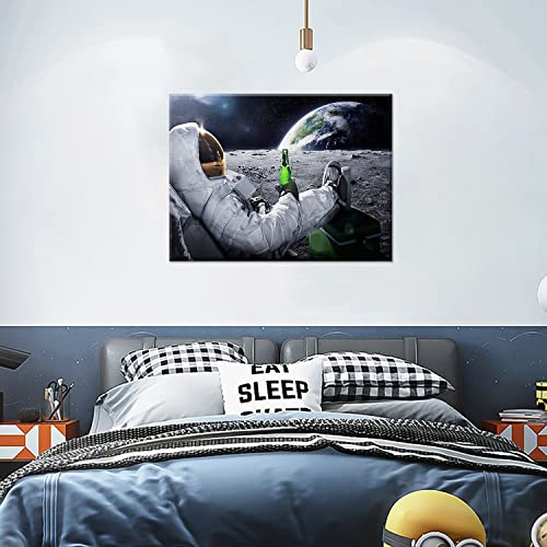 Huilida Spaceman Wall Art Decor Pictures - Astronaut Drinking Beer on Moon Framed Paintings for Teens Bedroom Real Outer Space Themed Posters Universe Planet Prints Nursery Living Room Decoration