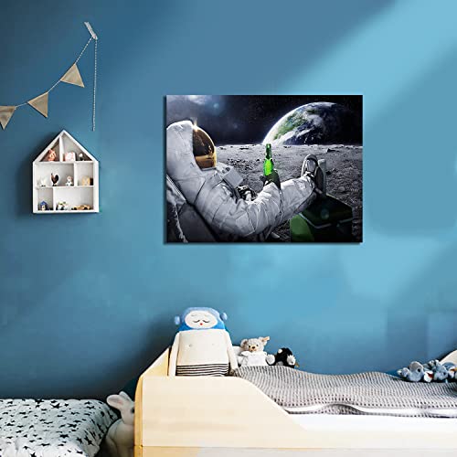 Huilida Spaceman Wall Art Decor Pictures - Astronaut Drinking Beer on Moon Framed Paintings for Teens Bedroom Real Outer Space Themed Posters Universe Planet Prints Nursery Living Room Decoration