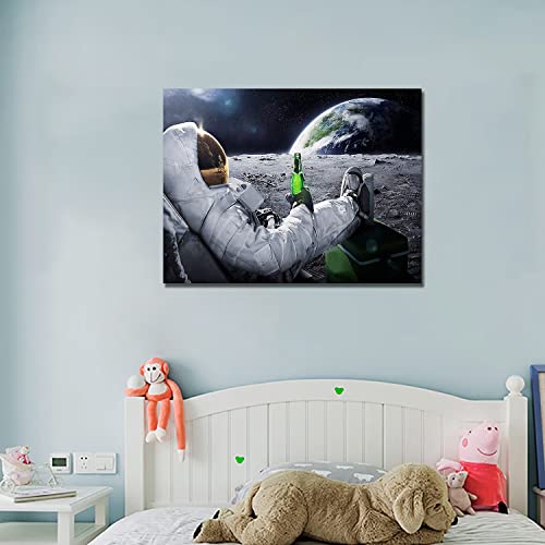 Huilida Spaceman Wall Art Decor Pictures - Astronaut Drinking Beer on Moon Framed Paintings for Teens Bedroom Real Outer Space Themed Posters Universe Planet Prints Nursery Living Room Decoration