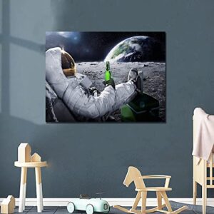 Huilida Spaceman Wall Art Decor Pictures - Astronaut Drinking Beer on Moon Framed Paintings for Teens Bedroom Real Outer Space Themed Posters Universe Planet Prints Nursery Living Room Decoration