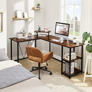 GreenForest L Shaped Computer Desk with Monitor Stand 66 inch Large Corner Computer Desk with Storage Shelves for Home Office Pc Workstation Writing Desk,Brown