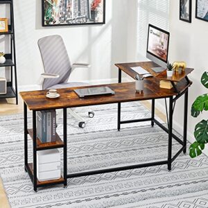 GreenForest L Shaped Computer Desk with Monitor Stand 66 inch Large Corner Computer Desk with Storage Shelves for Home Office Pc Workstation Writing Desk,Brown