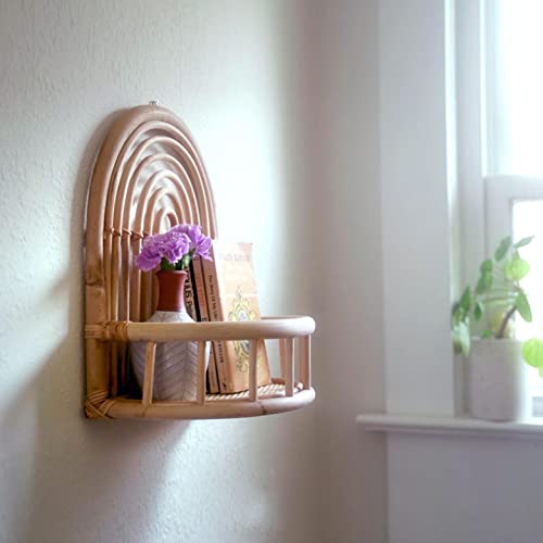 Birdie Designs Rattan Shelf - 14.5 x 12.5 Neutral Rainbow Nursery Decor - Wall Mount Basket Hand Made Wicker Shelf - Hanging Storage Organizer