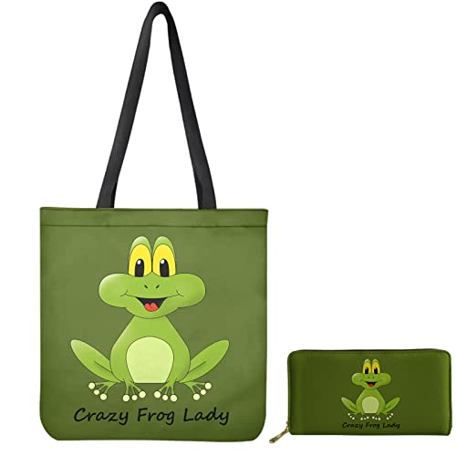 Bulopur Crazy Frog Lady Printing Shopping Tote Bags Women'S Wallet 2Pcs Canvas Tote Bag with Interior Pocket Coin Purse Zip Around