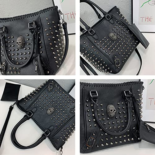 YAQUNICER Skull Tote Purse Top-handle Handbags for Women Punk Rivet Satchel PU Leather Shoulder Crossbody Bag-B Black