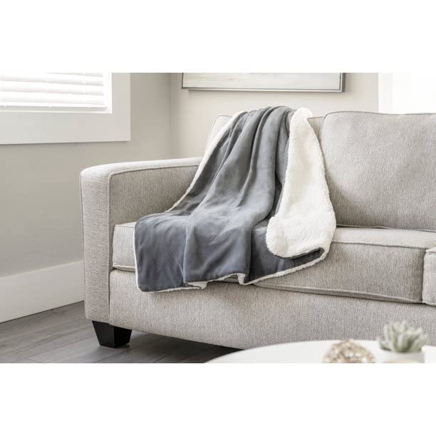 SUNBEAM Microplush Reverse Sherpa Heated Throw (50inch x 60inch), Push Button Controller with 3 Heat Settings, Slate Gray, Grey (2157835)