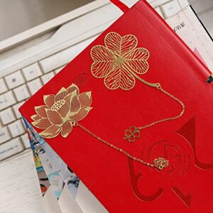 Metal Bookmarks with Chain, BENBO 4Pcs Golden Hollow Bookmark with 1Pc Mesh Gift Bag Brass Personalized Page Markers Gold Maple Leaf Lotus Flower Bookmarks for Book Lovers