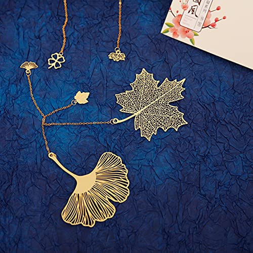 Metal Bookmarks with Chain, BENBO 4Pcs Golden Hollow Bookmark with 1Pc Mesh Gift Bag Brass Personalized Page Markers Gold Maple Leaf Lotus Flower Bookmarks for Book Lovers