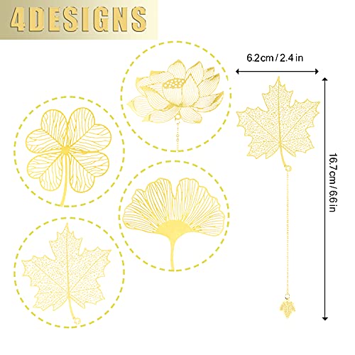 Metal Bookmarks with Chain, BENBO 4Pcs Golden Hollow Bookmark with 1Pc Mesh Gift Bag Brass Personalized Page Markers Gold Maple Leaf Lotus Flower Bookmarks for Book Lovers