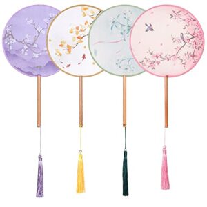 baozoon 4pcs silky translucent antique round fan classic group fan floral pattern dance fan hanfu women’s tassel wooden handle palace fan wedding favor gift home decor