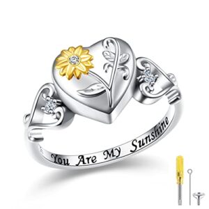 hoohwe sterling silver cremation jewelry sunflower urn rings holds loved ones ashes, you are my sunshine heart urn ring keepsake cremation ring memorial jewelry for ashes for women men