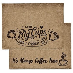 2 pieces waterproof coffee bar mat -big cups/ coffee time, burlap coffee maker mat/pad- waterproof coffee station, funny coffee lovers gifts, home decor parties daily use.