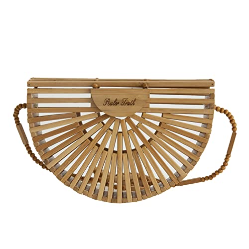 RULER TRUTH Handwoven Bamboo Bag Natural Shoulder Bag with Leather Straps Women's Handmade Straw Purse