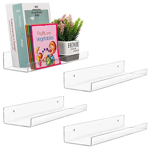 YestBuy 4 Pack Acrylic Floating Wall Shelves 15",Invisible Kids Bookshelf, Pop Display,Wall Mounted Shelves Storage Organizer for Bedroom,Bathroom,Living Room,Kids Room