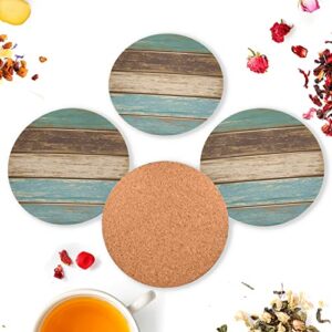 Teal Green Brown Retro Rustic Wood Texture Drinks Coasters, Non-Scratch Cork Base Round Cups Mats for Home Kitchen Bar Decor