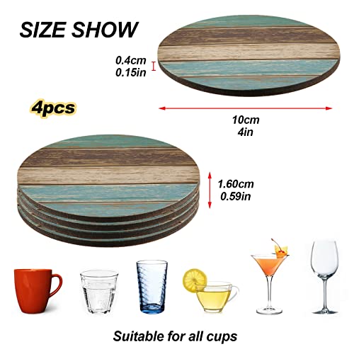 Teal Green Brown Retro Rustic Wood Texture Drinks Coasters, Non-Scratch Cork Base Round Cups Mats for Home Kitchen Bar Decor